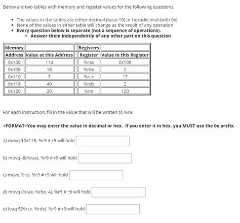 Solved Below Are Two Tables With Memory And Register Values