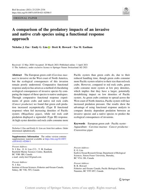 A Comparison Of The Predatory Impacts Of An Invasive And Native Crab Species Using A Functional