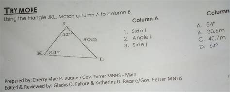 solved try more using the triangle jkl match column a to column b