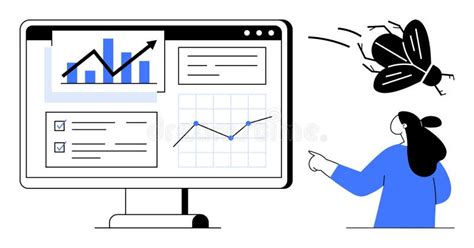 Business Analytics On Computer Screen With Woman And Bugs Design Stock