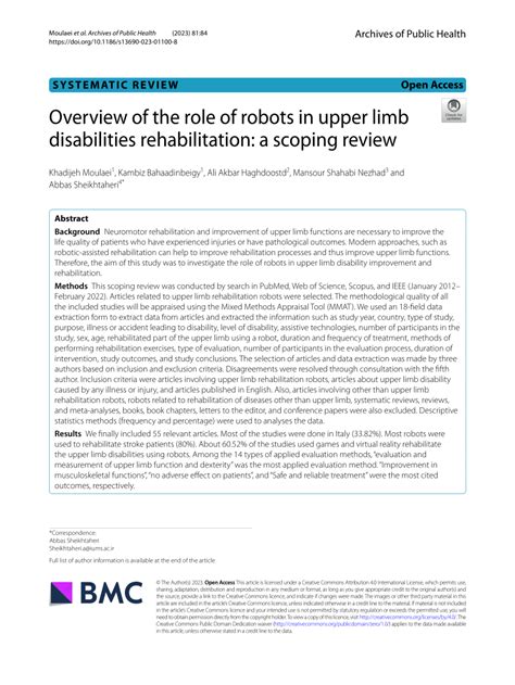 Pdf Overview Of The Role Of Robots In Upper Limb Disabilities Rehabilitation A Scoping Review