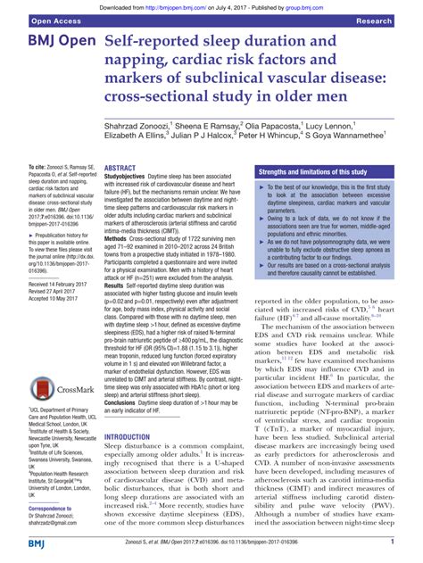 Pdf Self Reported Sleep Duration And Napping Cardiac Risk Factors And Markers Of Subclinical