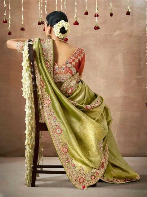 Olive Green Designer Silk Saree With Heavy Embroidery Work For Bridal
