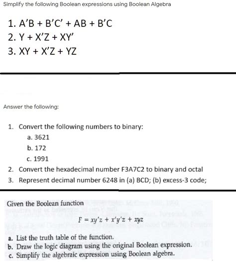 Simplify The Following Boolean Expressions Using Boolean Algebra 1 Ab Bc Ab Bc 2 Yxzxy 3xy Xz Yz