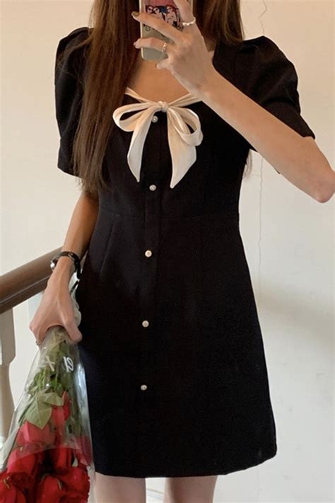 서울아가씨 무료배송리본 스트랩 퍼프 플레어 하객룩 단정 원피스 블랙
