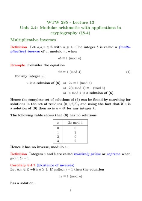 wtw 285 lecture 13 wtw 285 lecture 13 unit 2 modular arithmetic