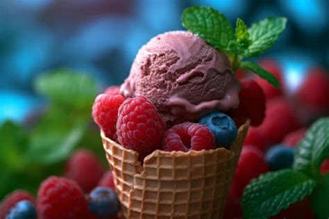 Premium Ai Image A Raspberry Ice Cream Cone With A Blueberry Sauce