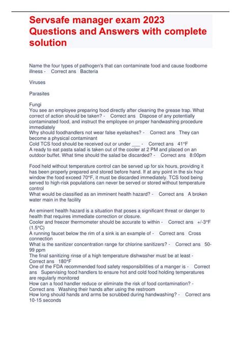 Servsafe Manager Exam Questions And Answers With Complete Solution Stuvia US