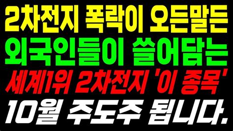 주식 2차전지 폭락이 오든말든 외국인들이 쓸어담는 세계1위 2차전지 이 종목 10월 주도주 됩니다 2차전지 관련주
