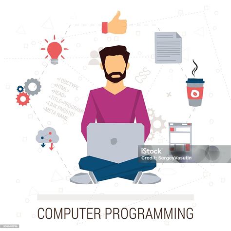 Vector Illustration Of Working Programmer Stock Illustration Download Image Now Adult Beard