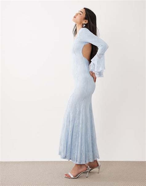 Asos Design Lace Maxi Dress With Godet Inserts And Fluted Sleeves In