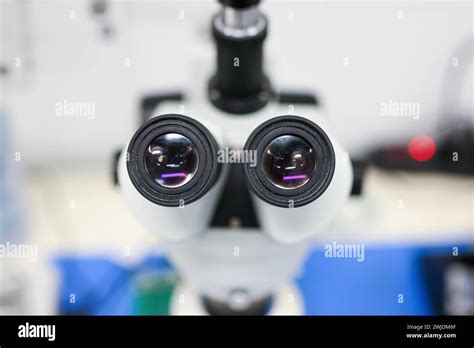 Close Up View Of Eye Pieces Of Electronic Microscope Shallow Depth Of