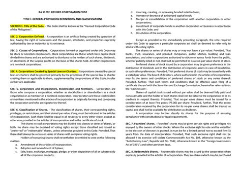 Codal Revised Corporation Code Ra 11232 Revised Corporation Code Title I General Provisions