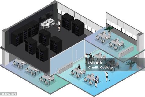 사무실용 대형 서버실의 등각 투영 보기 완전히 작동하는 서버 랙의 여러 행이 있는 데이터 센터 가구에 대한 스톡 벡터 아트 및
