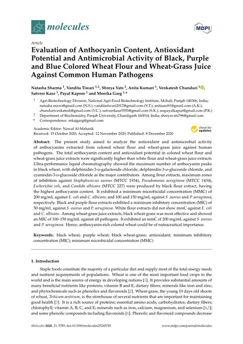 Pdf Evaluation Of Anthocyanin Content Antioxidant Potential And Antimicrobial Activity Of