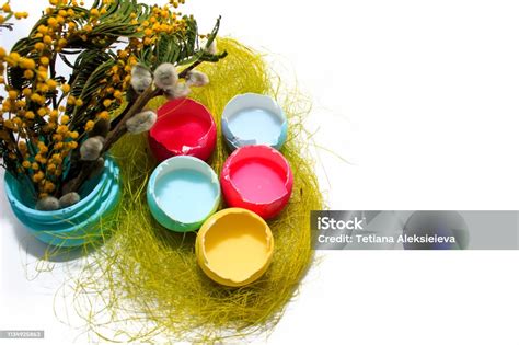 흰색 배경과 버드 나무와 미모사의 나뭇가지에 컬러 부활절 달걀 0명에 대한 스톡 사진 및 기타 이미지 0명 개체 그룹