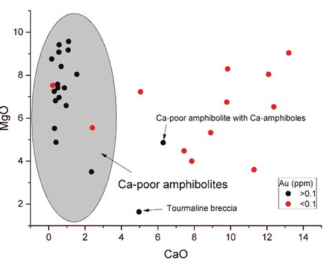 cao vs mgo plot from whole rock geochemical data red points represent