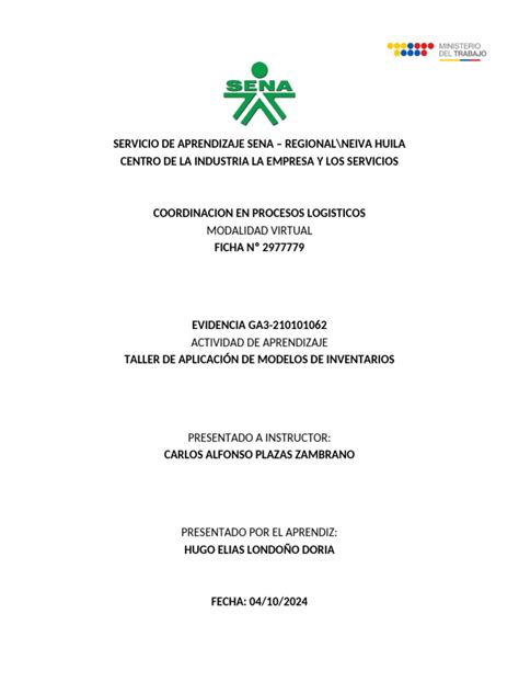 Evidencia Ga3 210101062 Aa1 Ev02 Taller Aplicación De Modelos De Inventarios Pdf