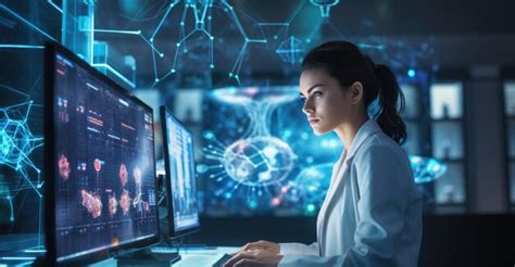 Premium Ai Image Female Scientist In Front Of Multi Monitors