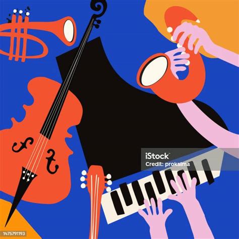 피아노 색소폰 트럼펫 첼로가 있는 여러 가지 빛깔의 손으로 그린 재즈 음악 포스터 프로모션 전단지 또는 초대장을 위한 예술적인 디자인 악기가 있는 다채로운 콘서트 이벤트