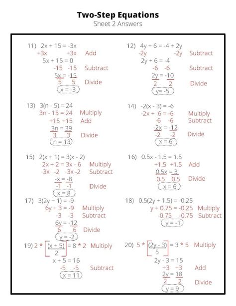 Practice Two Step Algebra Equations With Step By Step Solutions Etsy