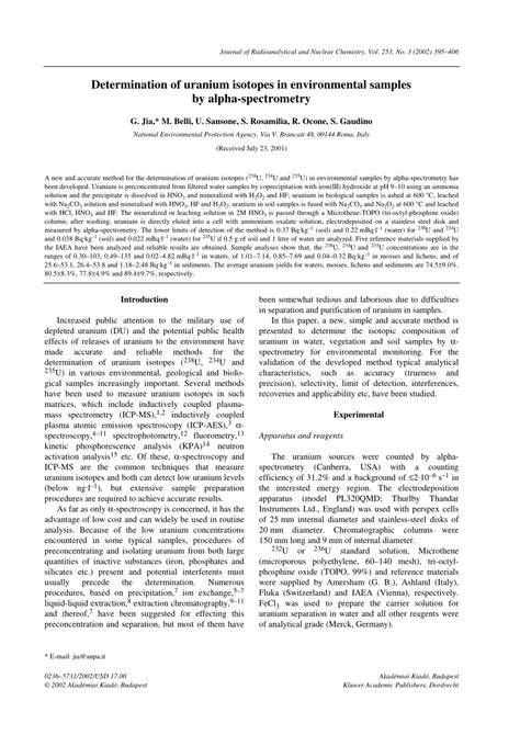 Pdf Determination Of Uranium Isotopes In Environmental Samples By Alpha Spectrometry