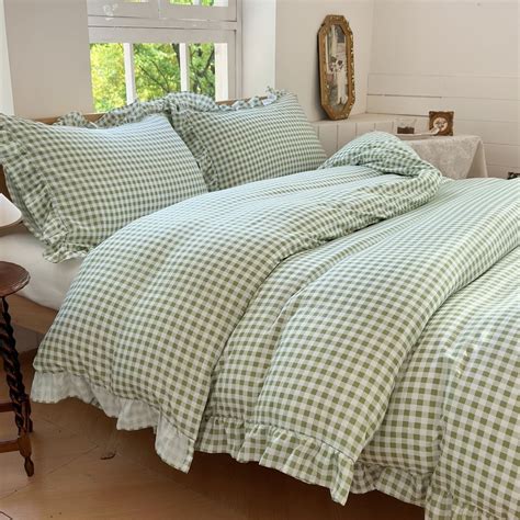 Sage Green Gingham Ruffle Duvet Cover Queen Size 3 Pieces Soft Pre