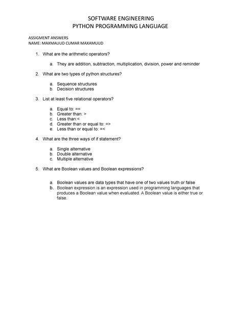 Assigments Of Networking Software Engineering Python Programming Language Assigment Answers