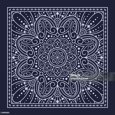 헤나 멘디 장식에 대한 꽃만다라의 형태로 원형 패턴 반다나민족 동양 스타일의 블루 장식 장식 윤곽 낙서 손 그리기 벡터 그림 0명에 대한 스톡 벡터 아트 및 기타 이미지