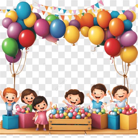 풍선과 화려한 장식으로 축하하는 행복한 아이들 어린이 파티 풍선 만화 어린이 축하 다채로운 생일 장면 Png 일러스트 및 이미지 에 대한 무료 다운로드 Pngtree