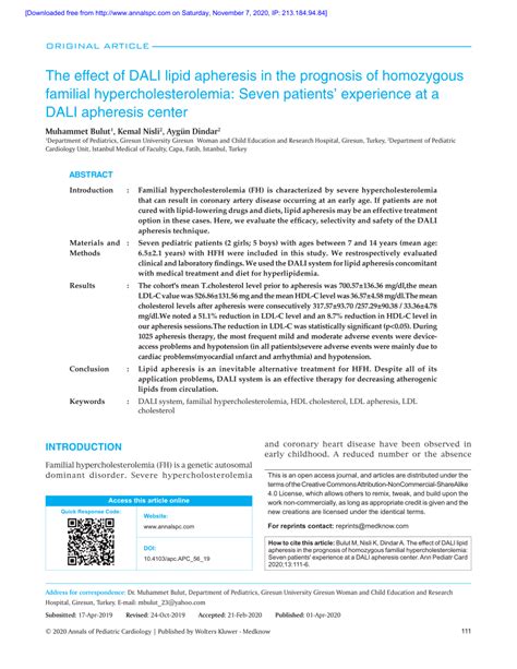 Pdf The Effect Of Dali Lipid Apheresis In The Prognosis Of Homozygous