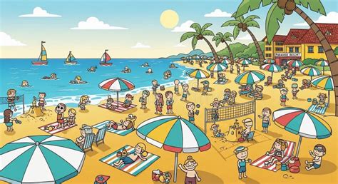 Cheerful Cartoon Illustration Of A Lively Beach Scene With Happy People