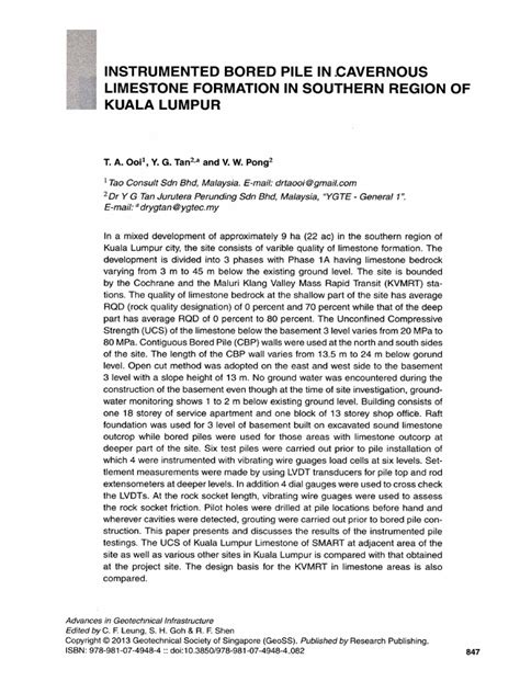 Instrumented Bored Pile In Cavernous Limestone Formation In Southern Region Of Kuala Lumpur Pdf