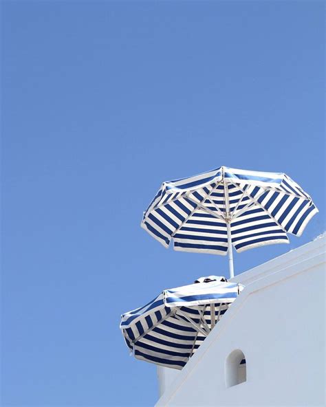 Striped Blue And White Beach Umbrella Photography Print From Santorini