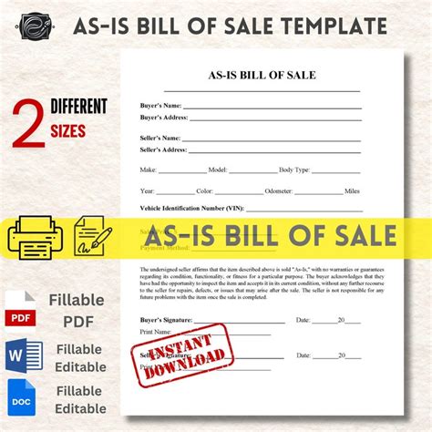 As Is Bill Of Sale Template Vehicle Sale Agreement Fillable Pdf
