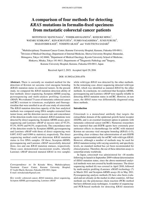 Pdf A Comparison Of Four Methods For Detecting Kras Mutations In Formalin Fixed Specimens From