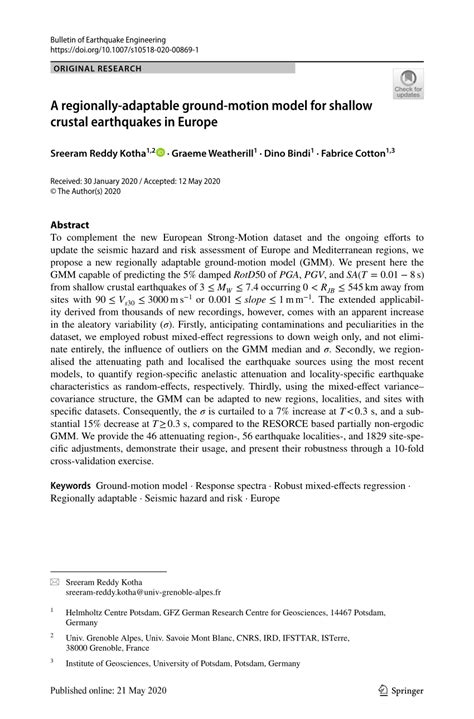 Pdf A Regionally Adaptable Ground Motion Model For Shallow Crustal Earthquakes In Europe
