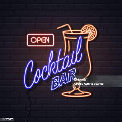 벽돌 벽 배경에 네온 사인 칵테일 바 빈티지 전기 간판입니다 0명에 대한 스톡 벡터 아트 및 기타 이미지 0명 검은색