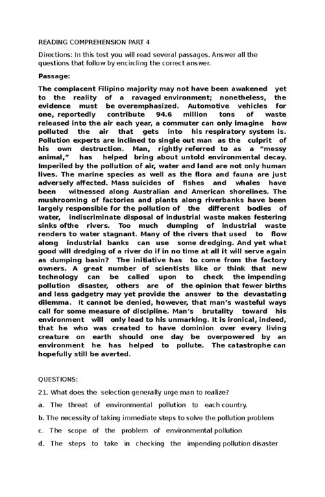 Reading Proficiency Test Eng Shs Environmental Awareness Exam Studocu