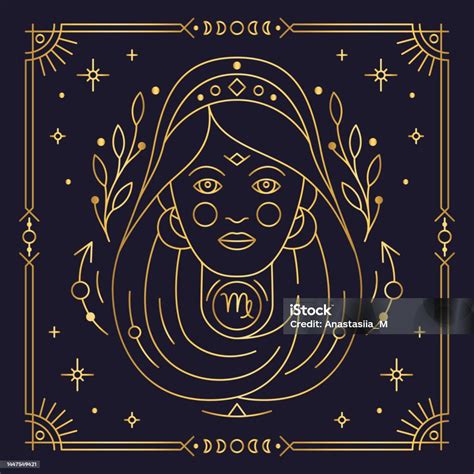 처녀 자리 조디악 점성술 별자리 황금 기호 다크 네이비 카드 액자에 대한 스톡 벡터 아트 및 기타 이미지 액자 날씬한 어두운 색 Istock