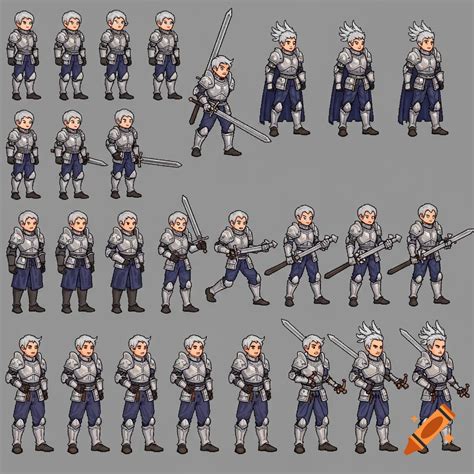 Pixel art sprite sheet of a white-haired male fantasy character in armor. on Craiyon