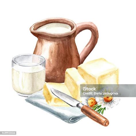 주전자에 담긴 소박한 천연 우유와 유기농 버터 흰색 배경에 격리된 손으로 그린 수채화 그림 버터에 대한 스톡 벡터 아트 및 기타 이미지 Istock