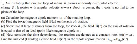 Solved An Insulating Thin Circular Loop Of Radius R Chegg