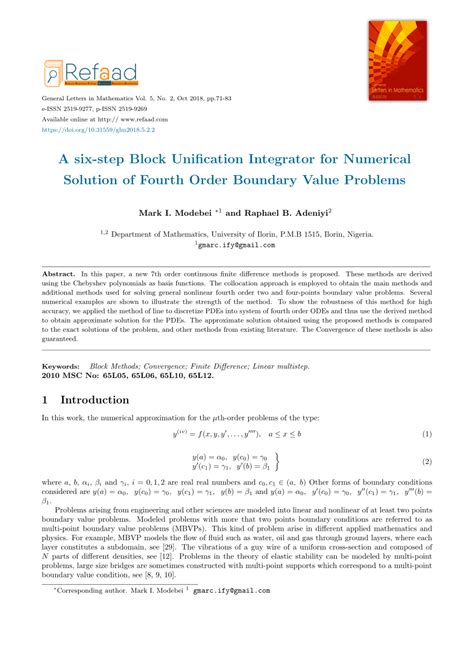 Pdf A Six Step Block Uniﬁcation Integrator For Numerical Solution Of Fourth Order Boundary