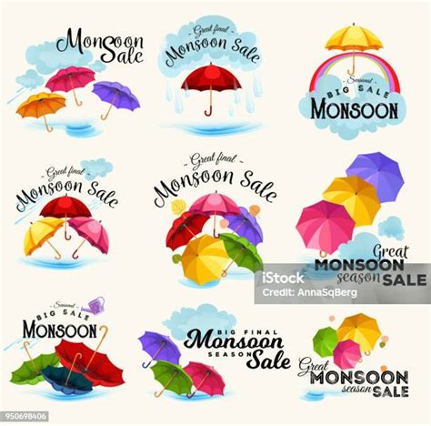 판매 배너 상품 다채로운 우산 텍스트 공간 배경으로 하늘에서 비가 몬 순 시즌 포스터 젖은 날씨 템플릿 특별 제공 벡터 일러스트