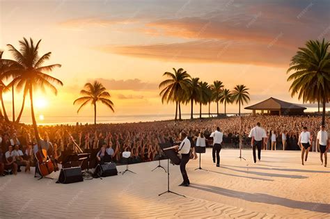 Premium Photo A Band Performs On A Stage At The Beach At Sunset
