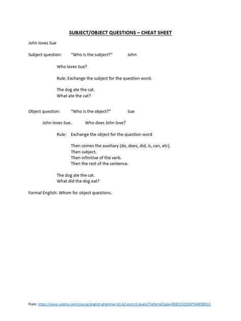 Subject Object Questions Cheat Sheet Pdf