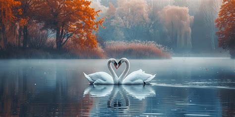 Swans In Love A Heart On The Lake Romantic Symbol White Creating Background White Swans Heart