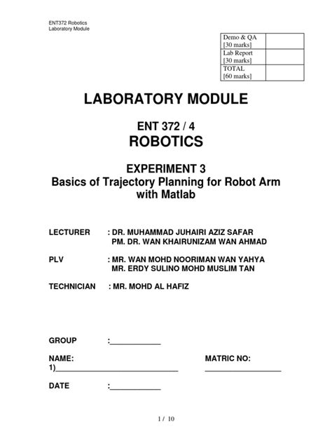 lab 3 basic trajectory planning with matlab pdf kinematics robotics