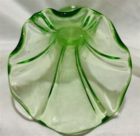Swung Glass Ribbed Vase Uranium Vaseline Glass Green 10” H 4”d Glows